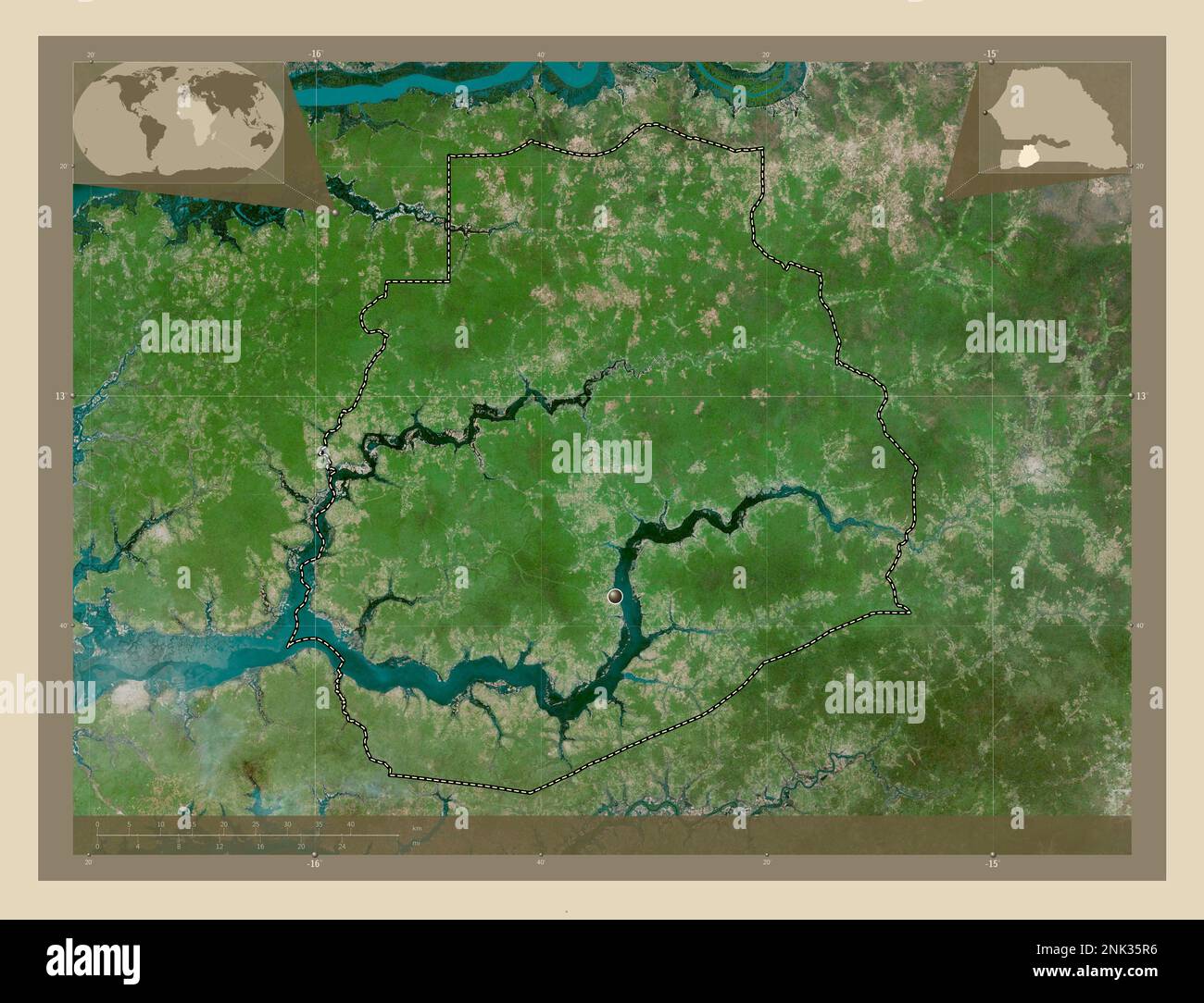 Sedhiou, region of Senegal. High resolution satellite map. Corner ...