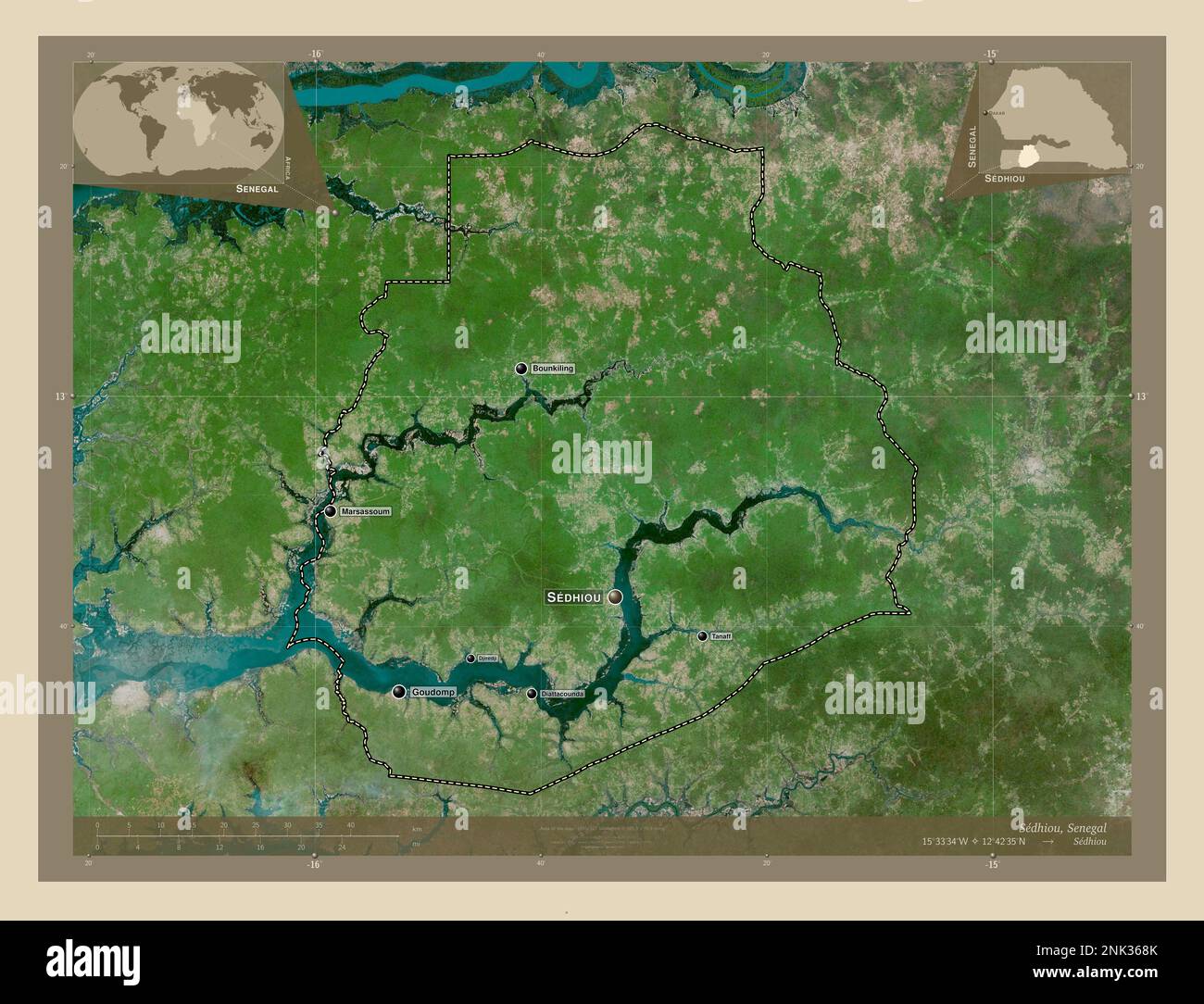 Sedhiou, region of Senegal. High resolution satellite map. Locations and names of major cities ...
