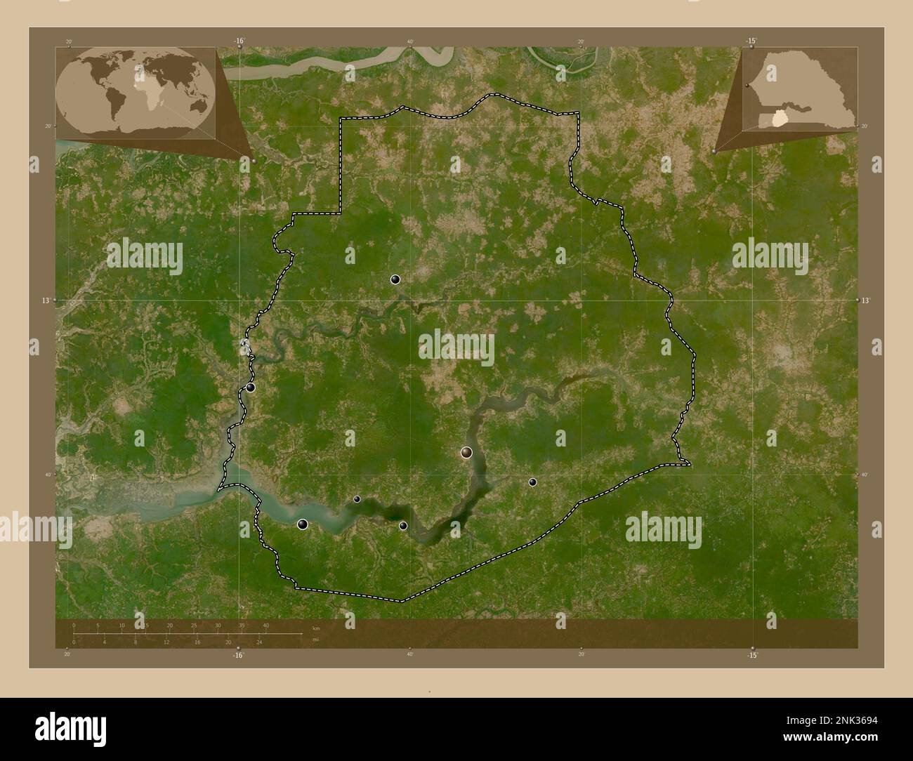 Sedhiou, region of Senegal. Low resolution satellite map. Locations of ...