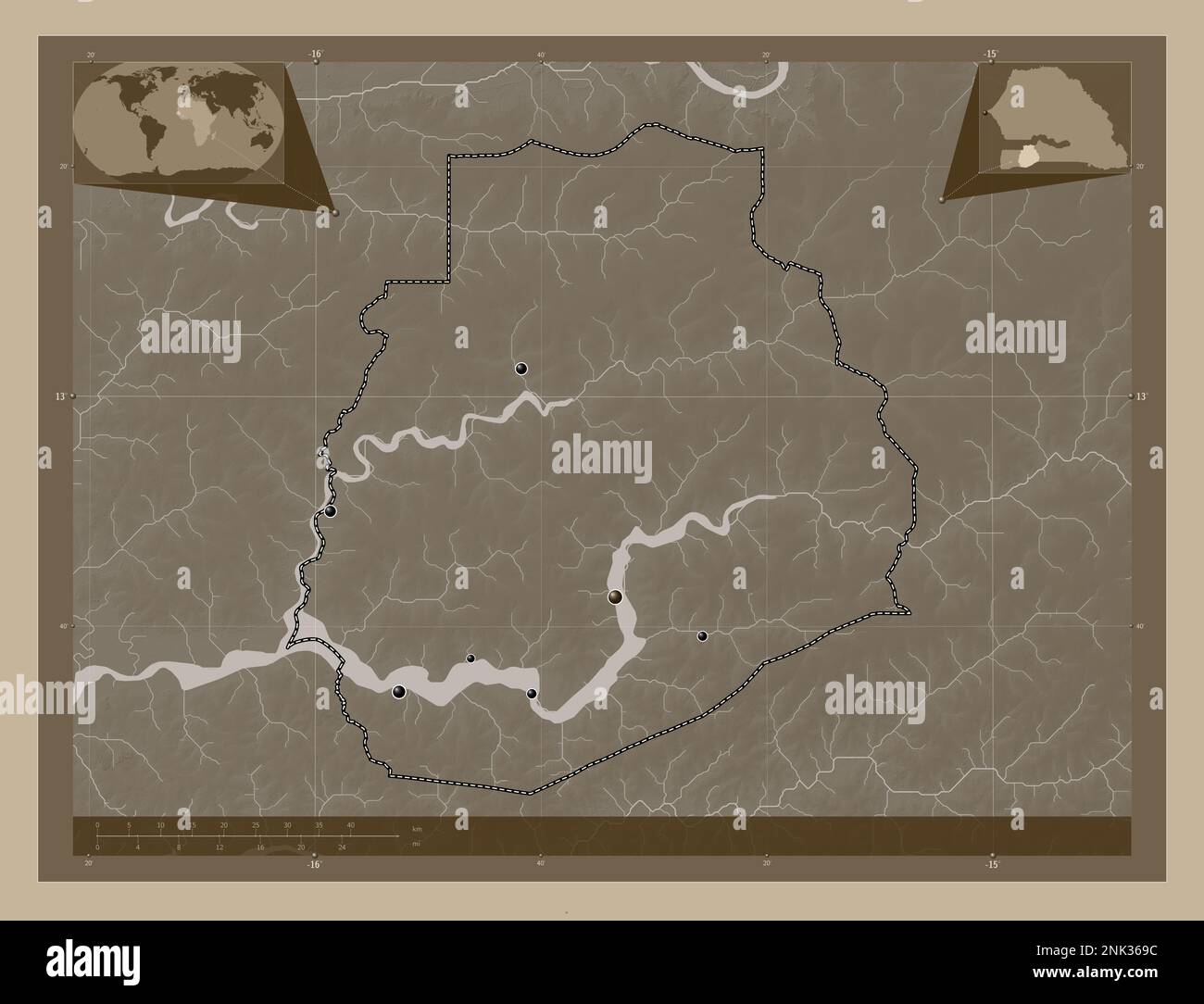 Sedhiou, region of Senegal. Elevation map colored in sepia tones with ...