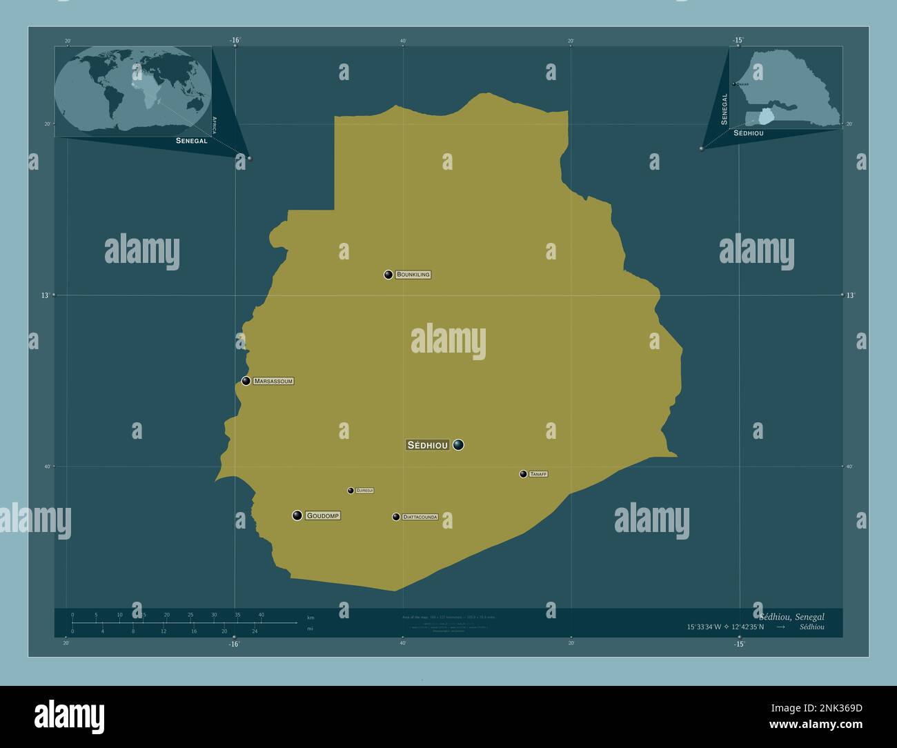 Sedhiou, region of Senegal. Solid color shape. Locations and names of ...