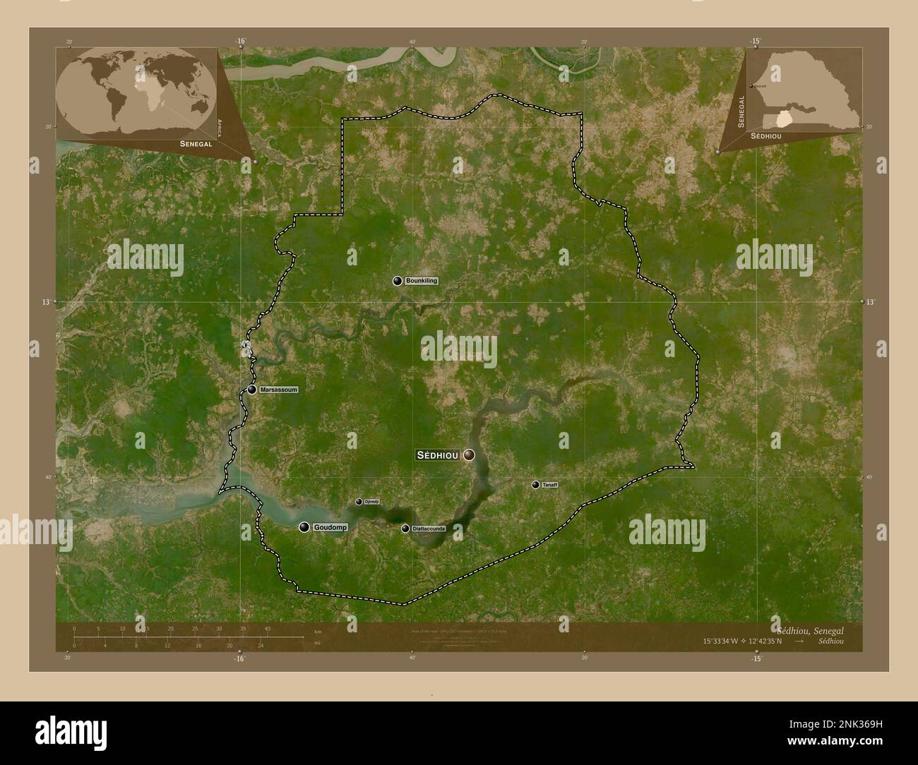 Sedhiou, region of Senegal. Low resolution satellite map. Locations and ...