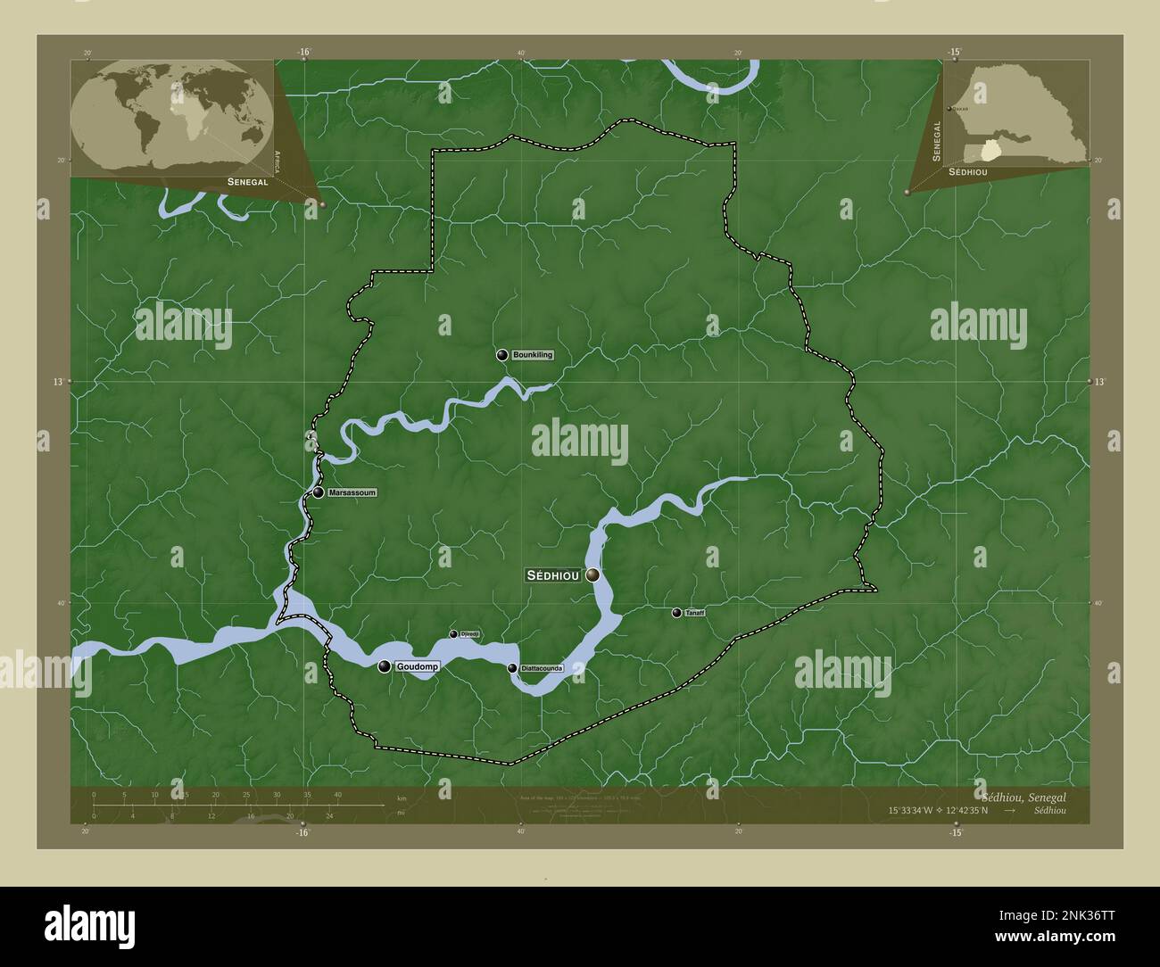 Sedhiou, region of Senegal. Elevation map colored in wiki style with ...