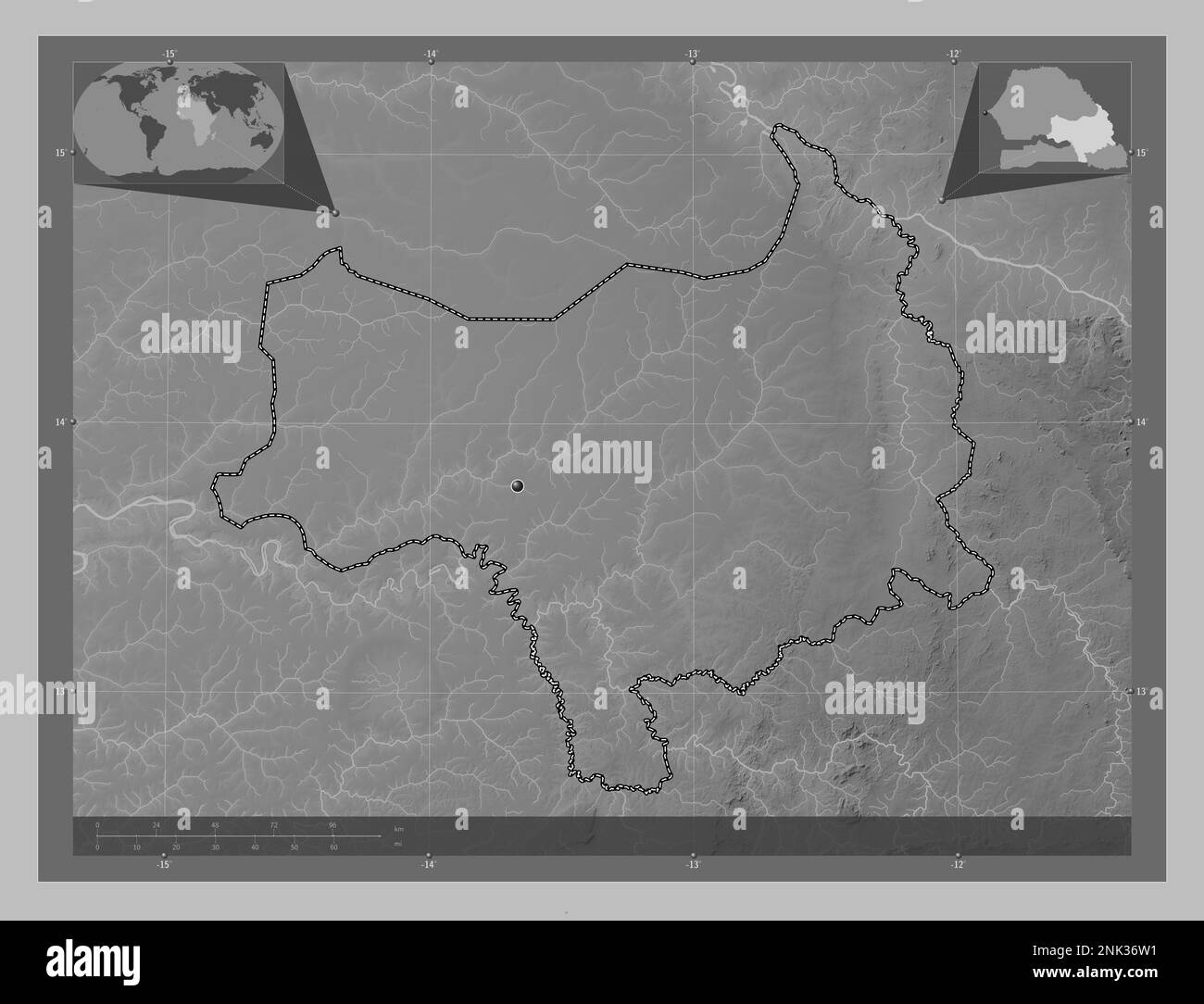 Tambacounda, region of Senegal. Grayscale elevation map with lakes and ...