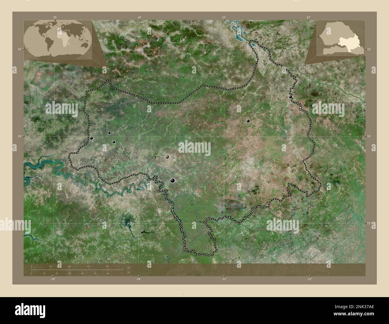 Tambacounda, region of Senegal. High resolution satellite map. Locations of major cities of the ...