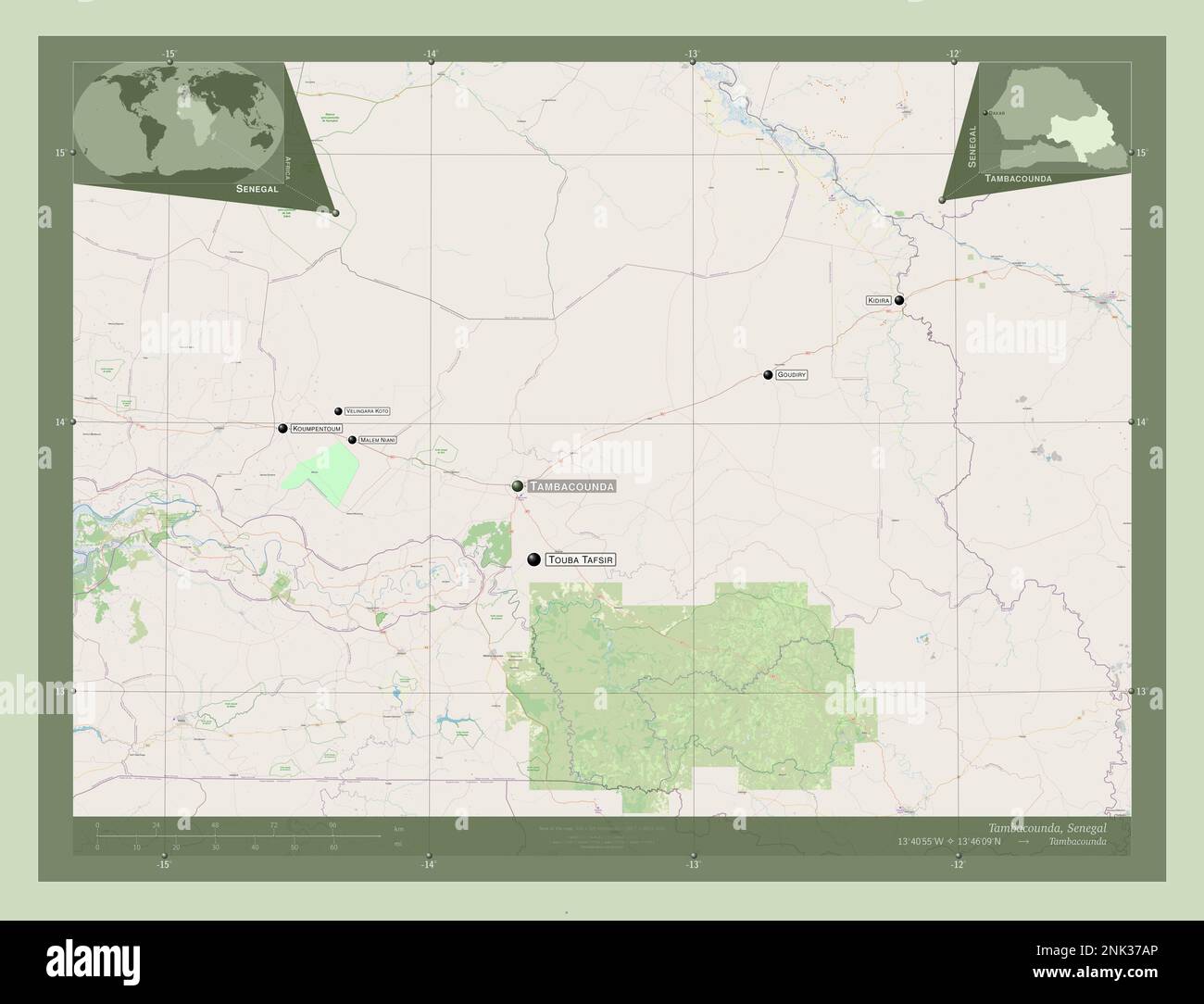 Tambacounda, region of Senegal. Open Street Map. Locations and names of ...