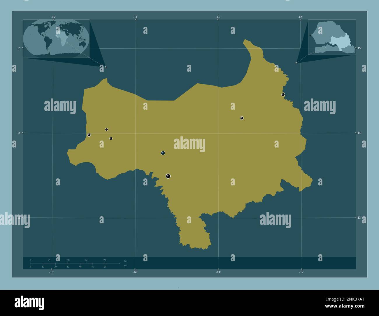 Tambacounda, region of Senegal. Solid color shape. Locations of major ...