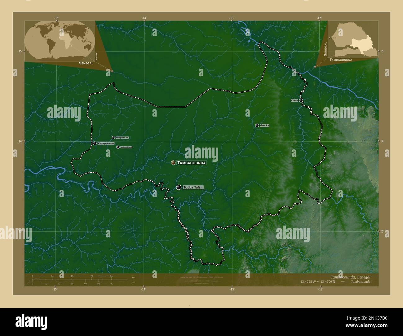 Tambacounda, region of Senegal. Colored elevation map with lakes and ...