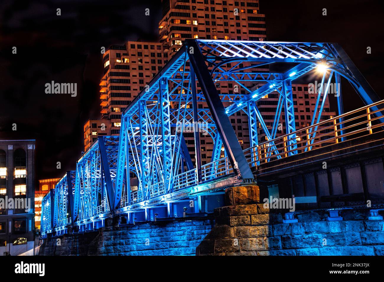 The Blue Walking Bridge over the Grand River at Night in Grand Rapids ...
