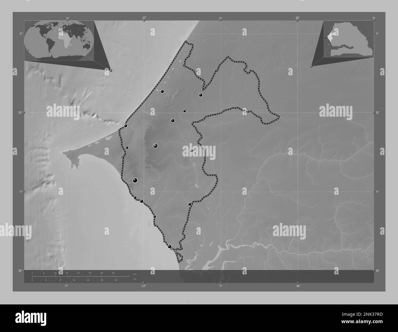 Thies, region of Senegal. Grayscale elevation map with lakes and rivers ...