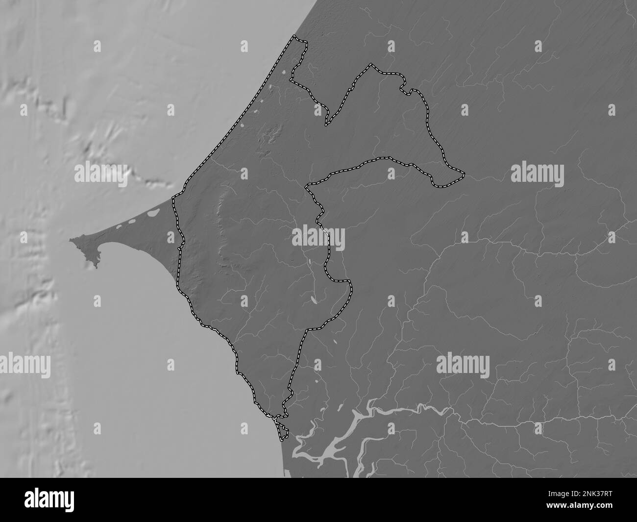 Thies, region of Senegal. Bilevel elevation map with lakes and rivers ...