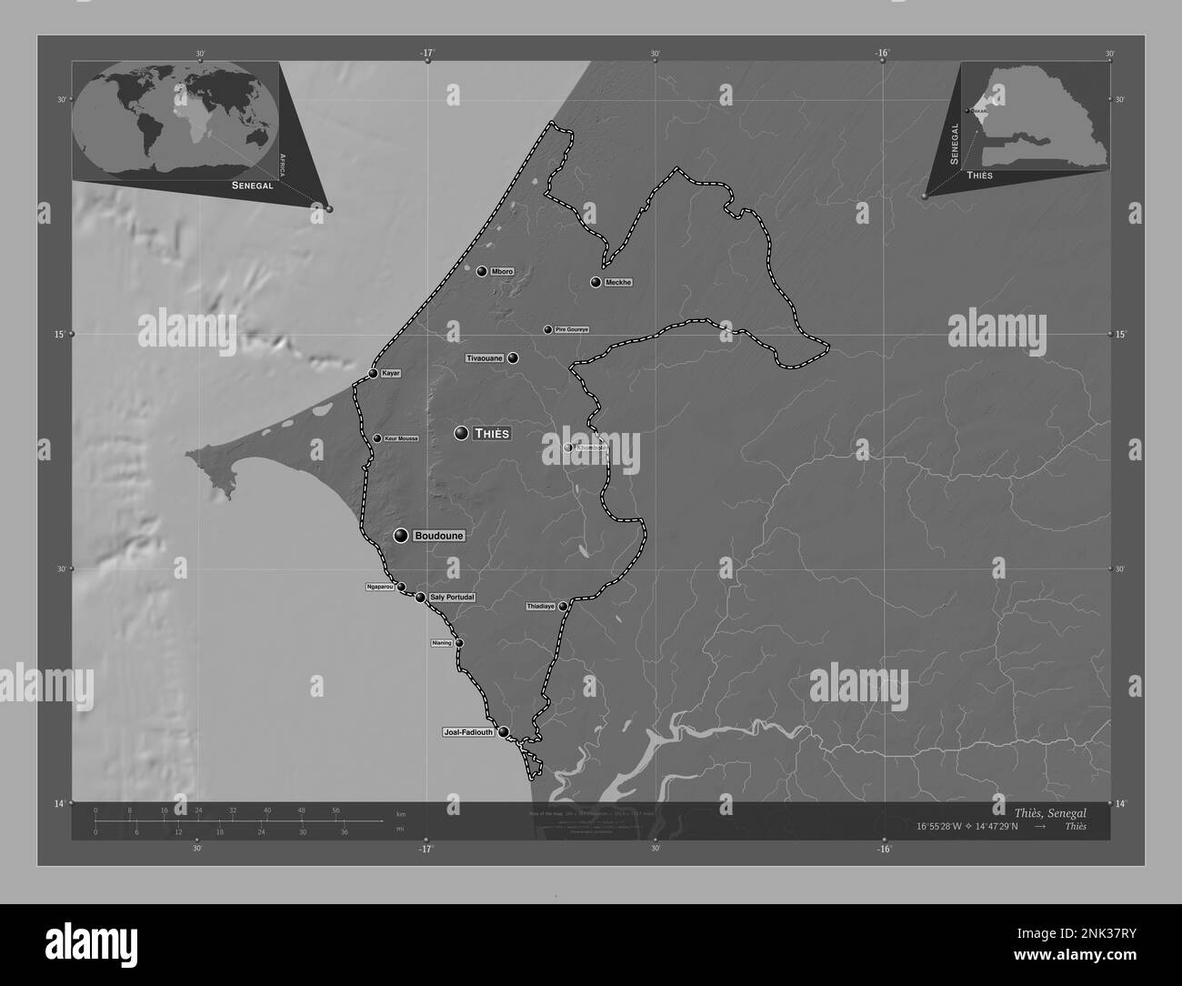 Thies, region of Senegal. Bilevel elevation map with lakes and rivers ...
