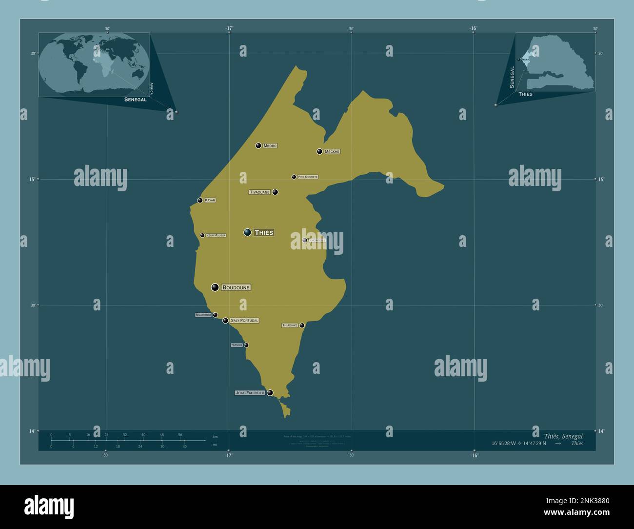 Thies, region of Senegal. Solid color shape. Locations and names of ...