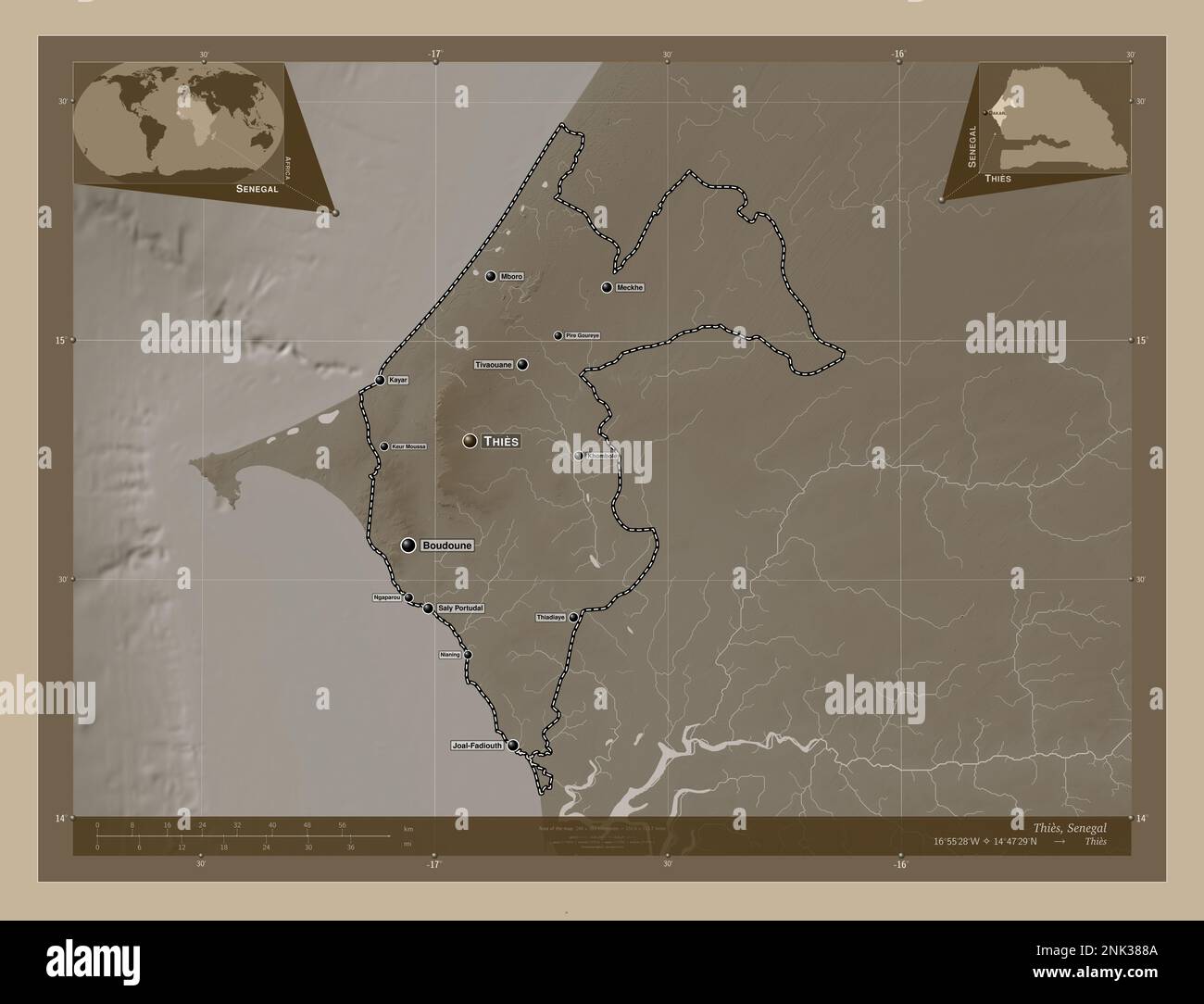 Thies, region of Senegal. Elevation map colored in sepia tones with ...
