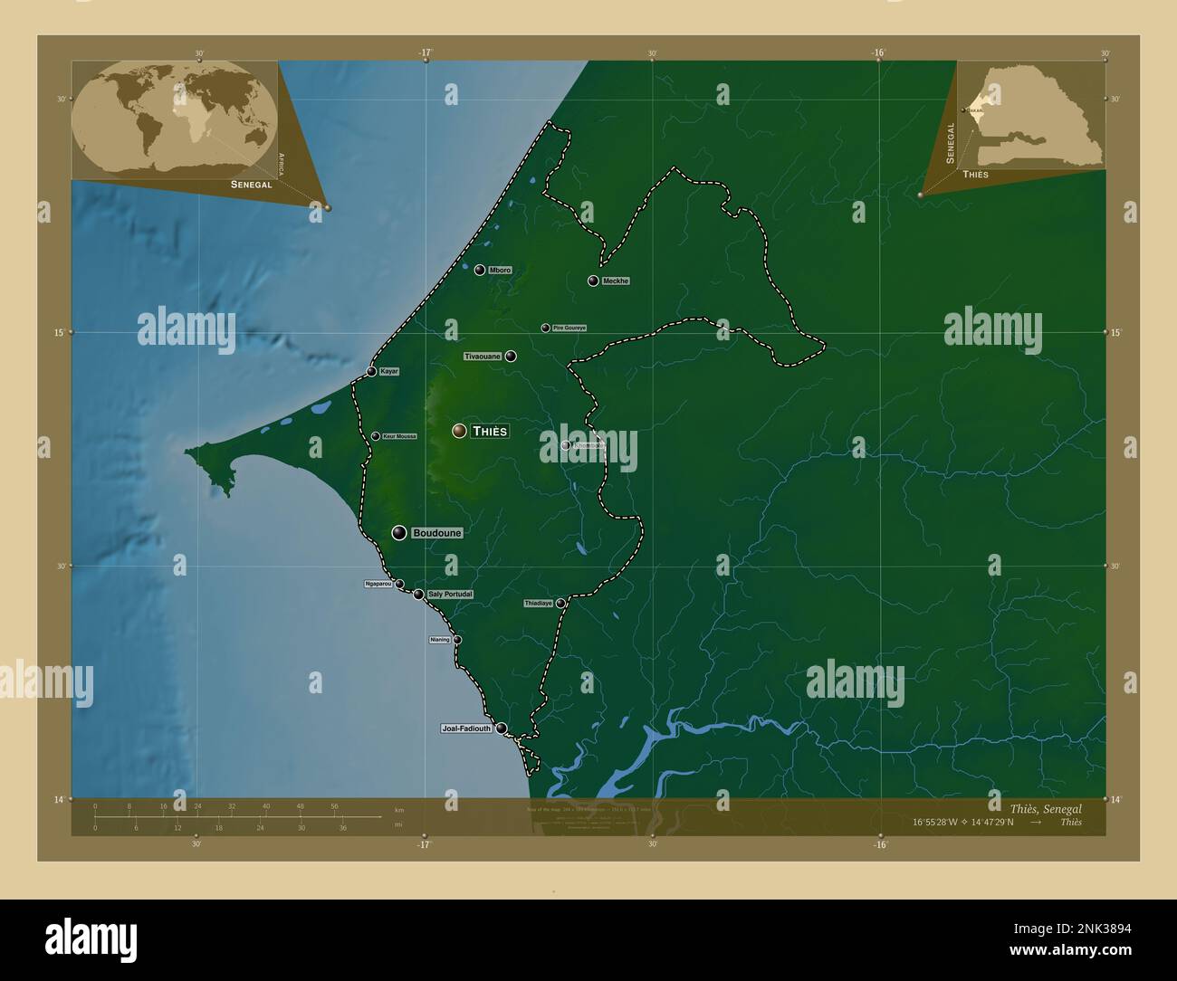 Thies, region of Senegal. Colored elevation map with lakes and rivers ...