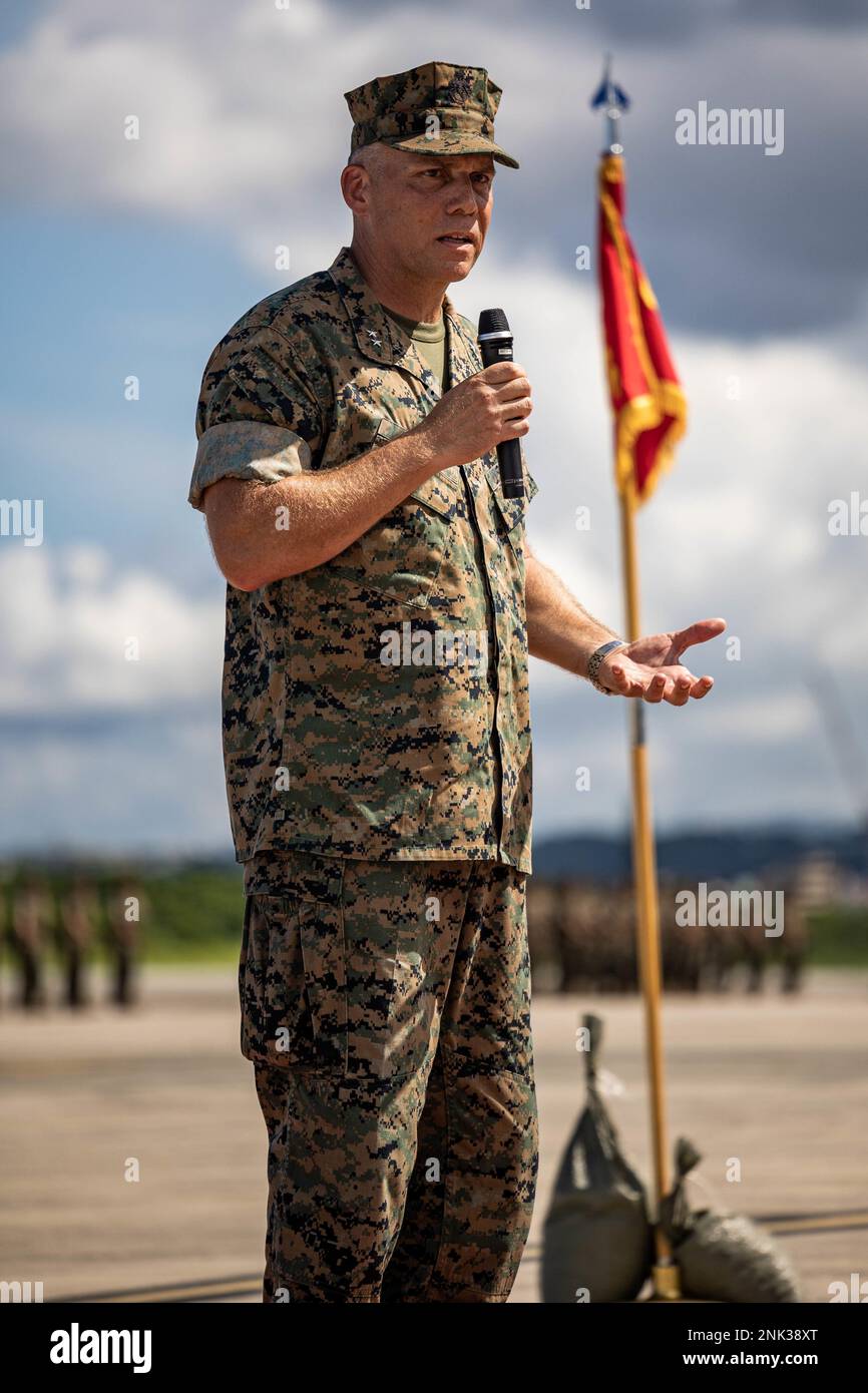 U.S. Marine Corps Major General Eric E. Austin gives a speech during a ...