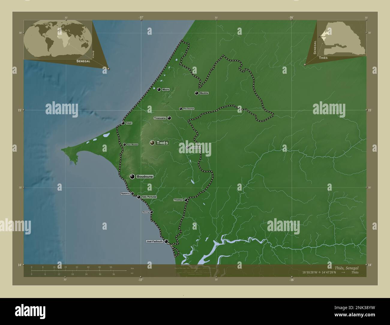 Thies, region of Senegal. Elevation map colored in wiki style with ...