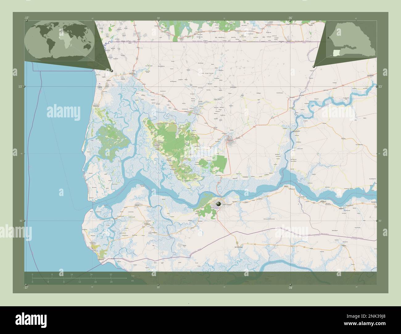 Ziguinchor, region of Senegal. Open Street Map. Corner auxiliary ...