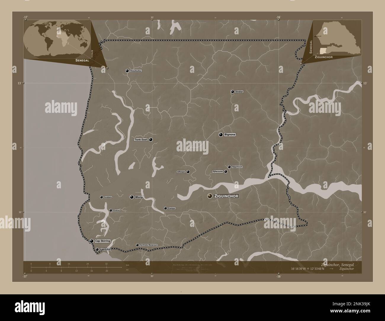 Ziguinchor, region of Senegal. Elevation map colored in sepia tones ...