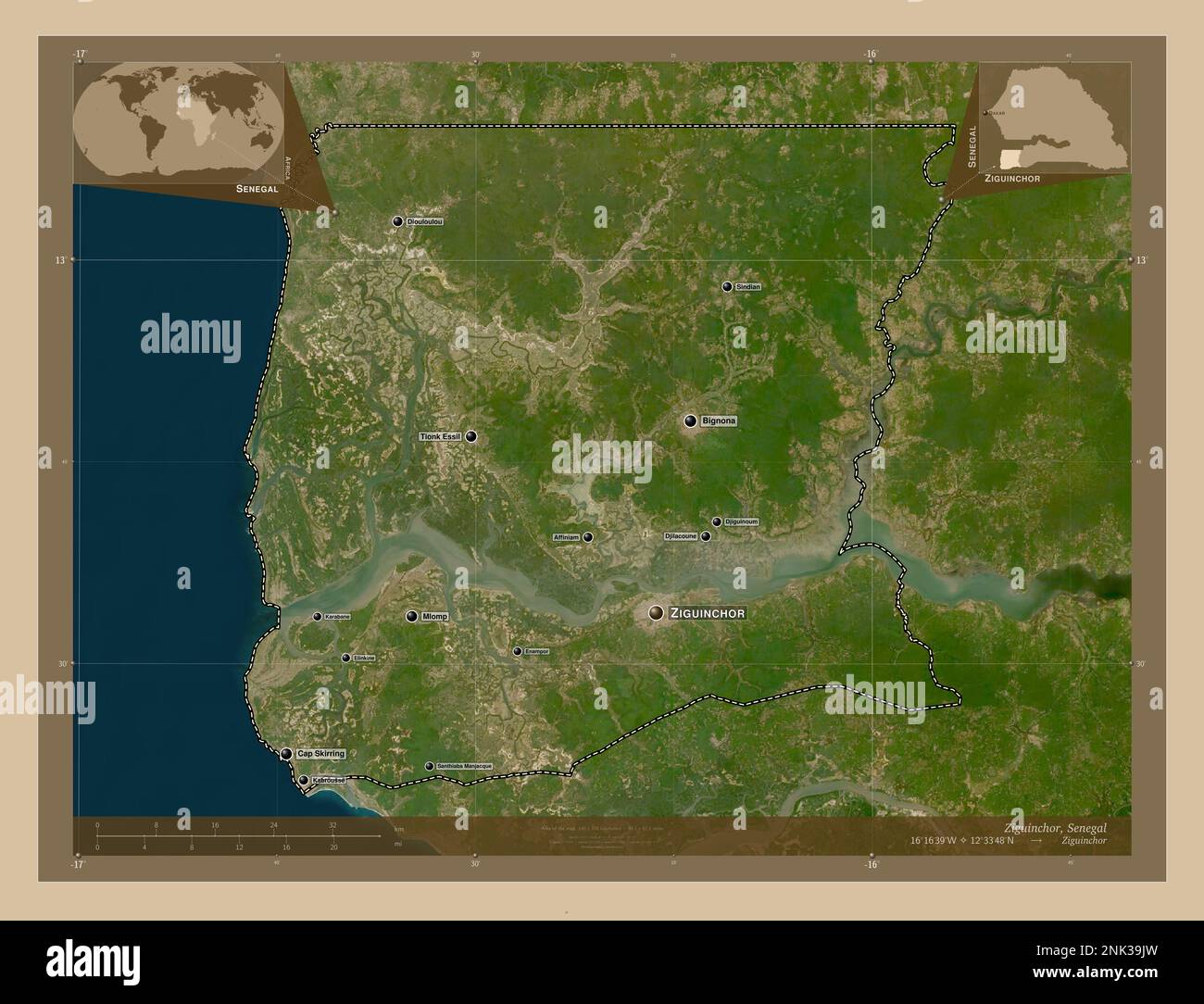 Ziguinchor, region of Senegal. Low resolution satellite map. Locations and names of major cities ...