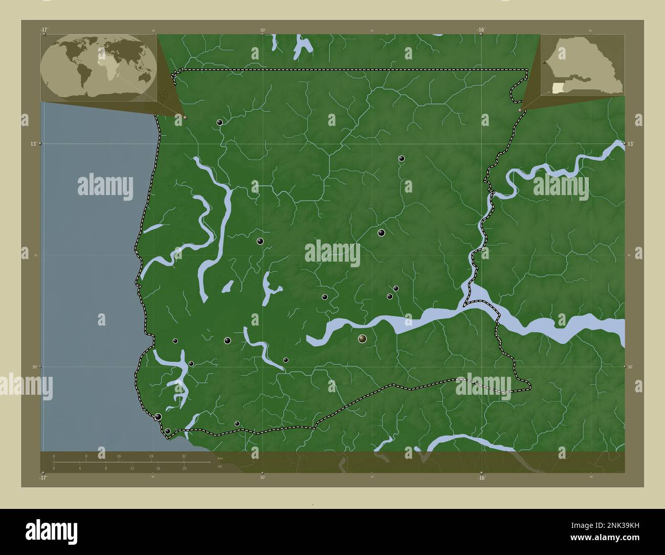 Ziguinchor, region of Senegal. Elevation map colored in wiki style with ...