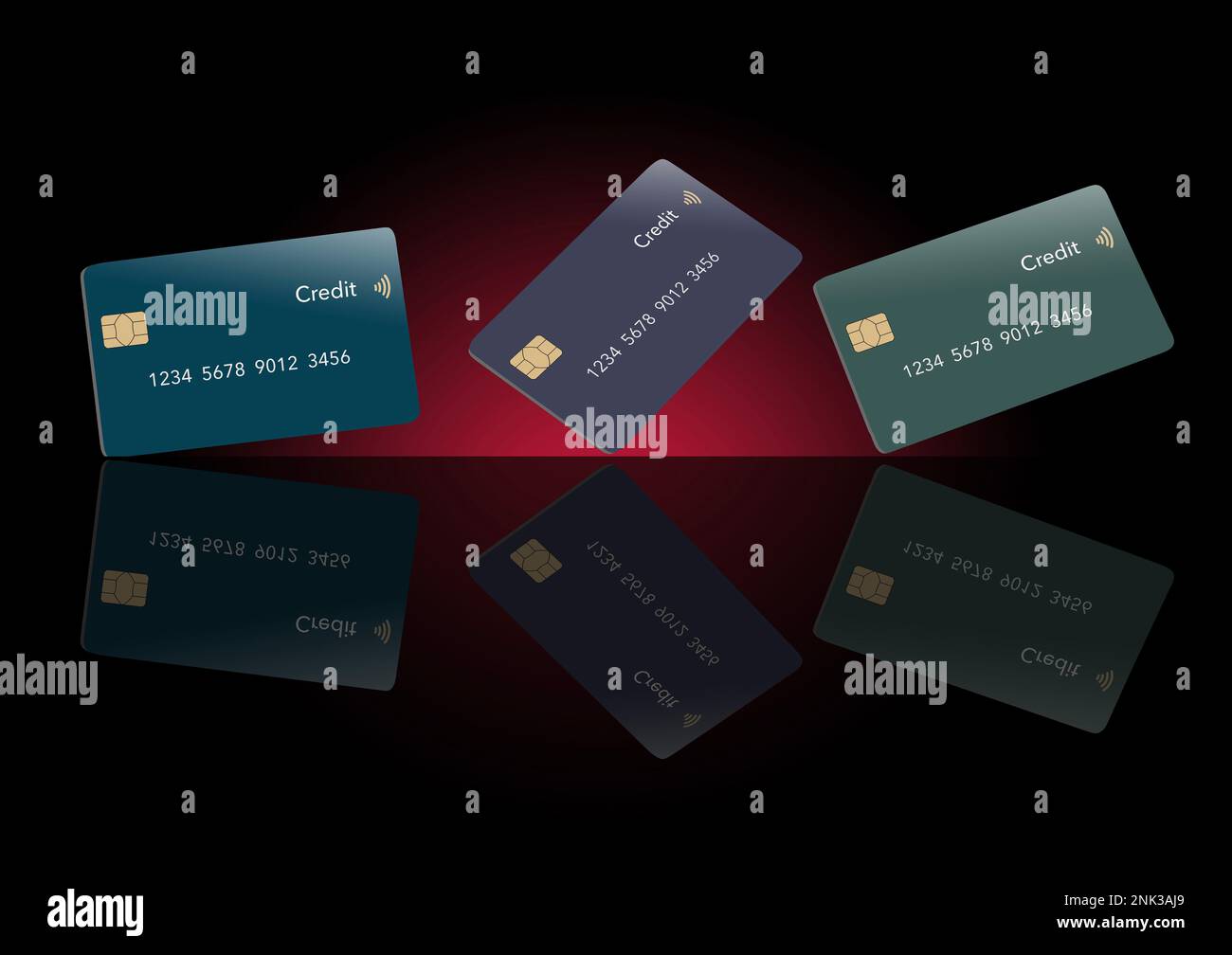 Three credit cards are seen on a red and black background Stock Photo ...