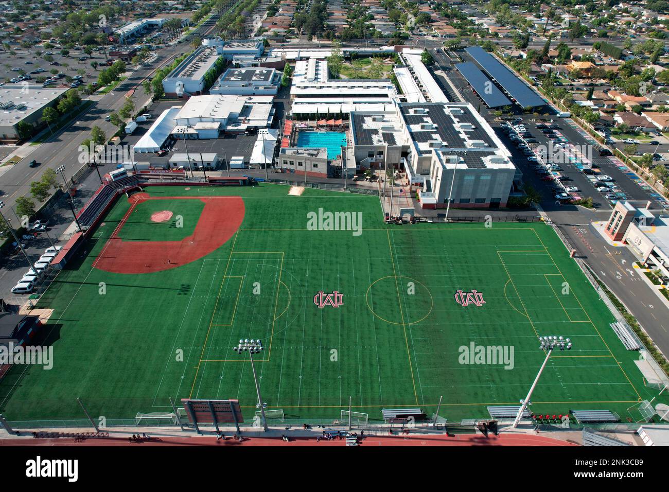 An aerial view of Mater Dei High School soccer and baseball fields ...