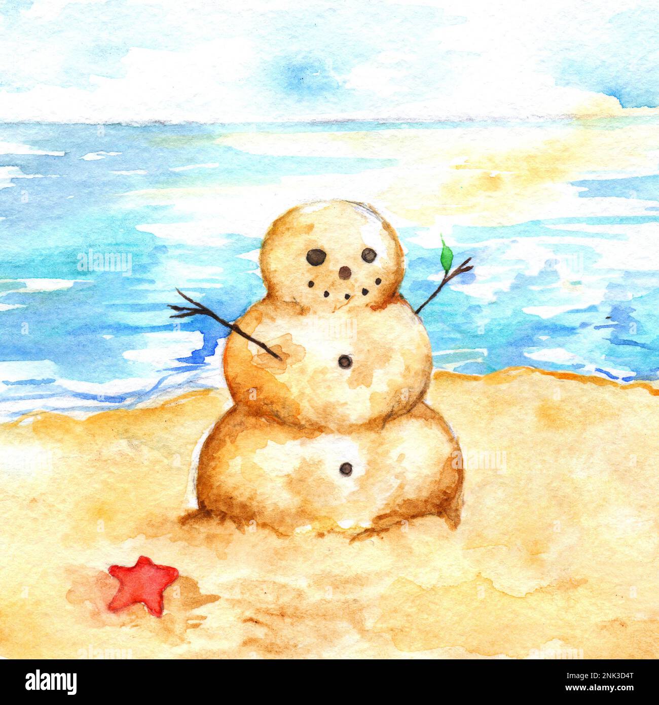 Watercolor summer travel beach sea shore sandman Stock Photo - Alamy