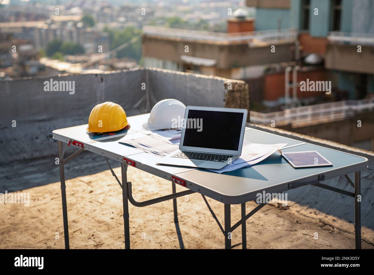 Concept of architects, engineer equipment on the desk with a blueprint ...