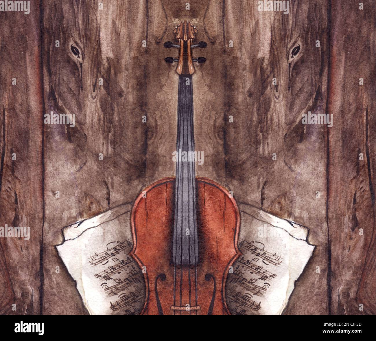 Watercolor vintage violin fiddle musical instrument with music notes on ...