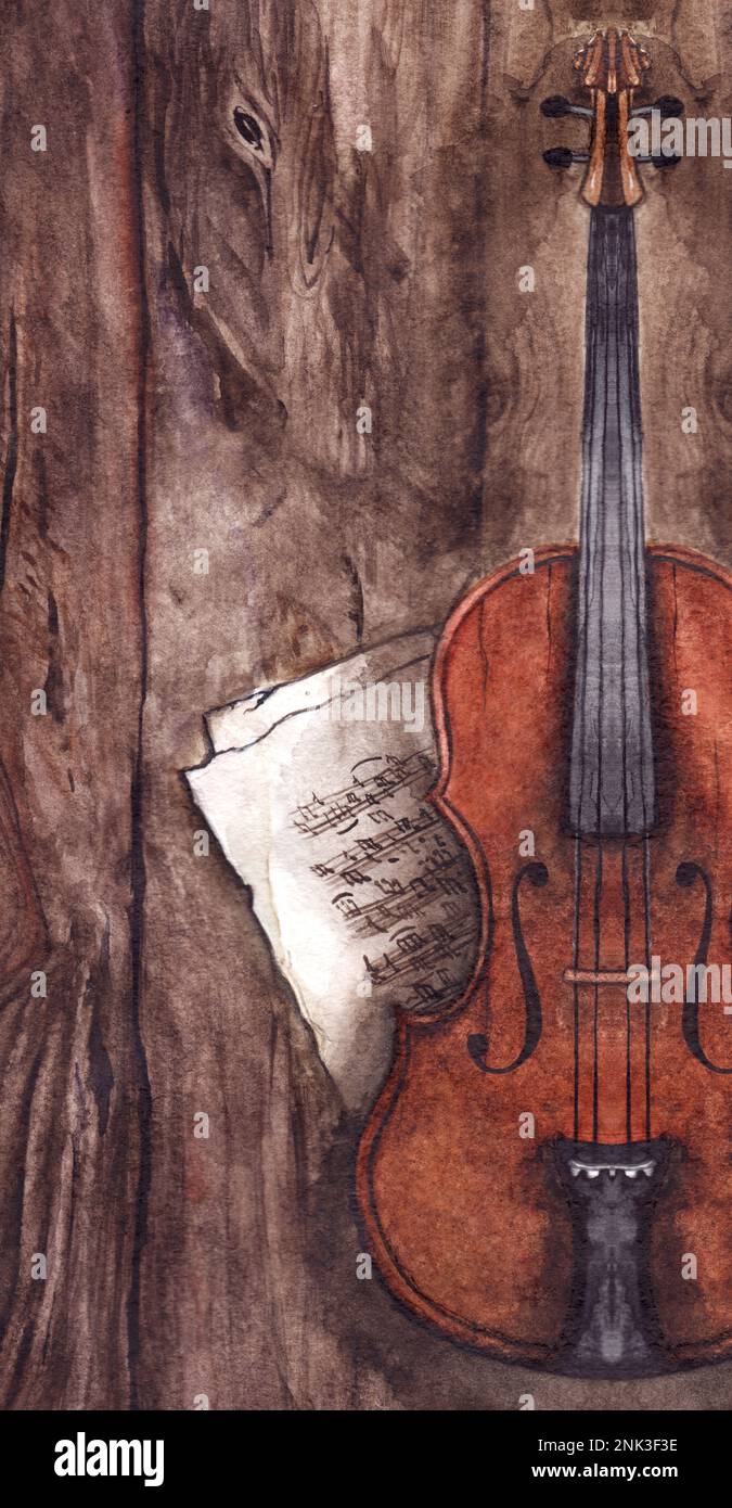 Watercolor wooden vintage violin fiddle musical instrument isolated ...