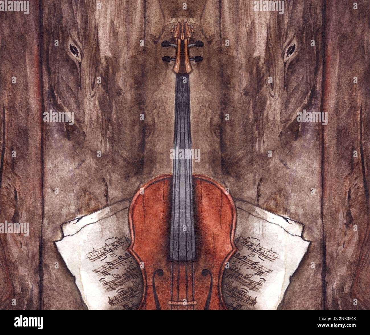 Watercolor wooden vintage violin fiddle musical instrument isolated ...