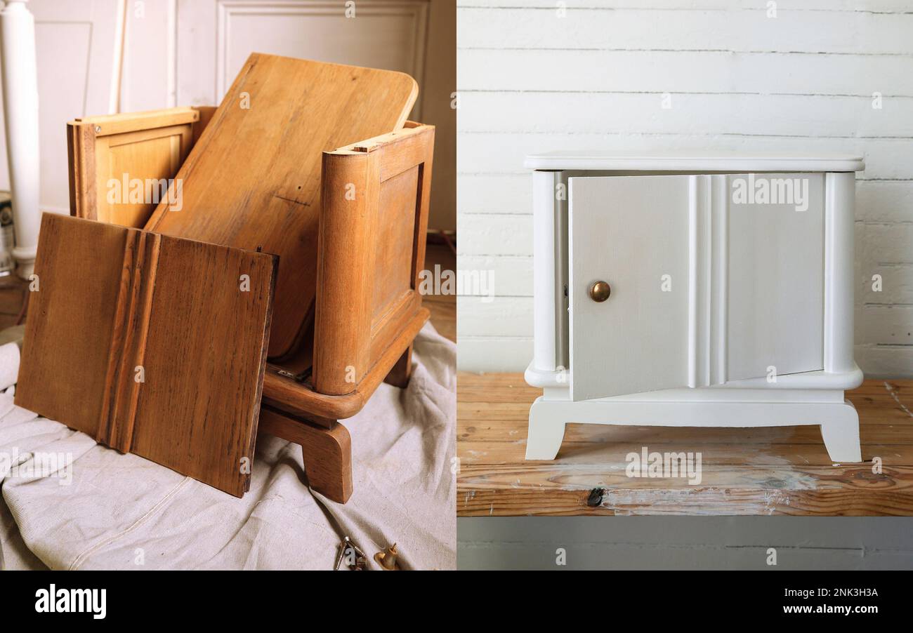 This combination of two photos shows a disassembled wood cabinet, left ...