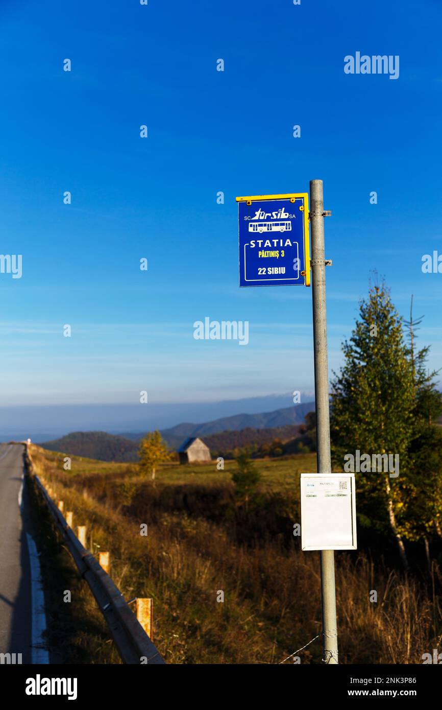 Sibiu, Romania - October, 8 2022: Bus stop road sign for touristic ...