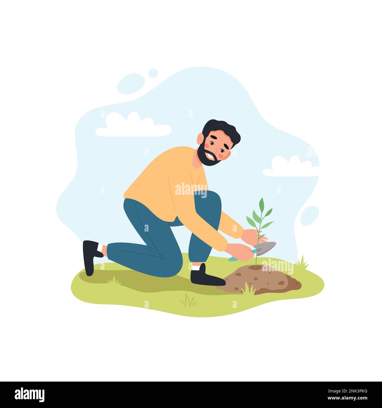 Man planting garden flowers in soil. Male working in garden. Cute ...