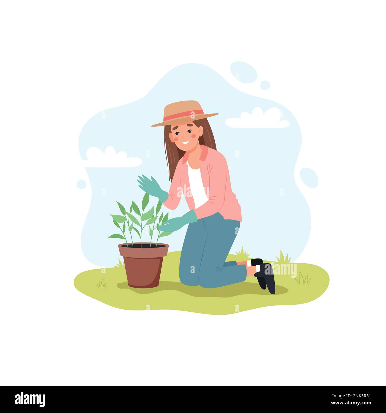 Woman taking care of plant. Female gardener in spring. Cute vector ...