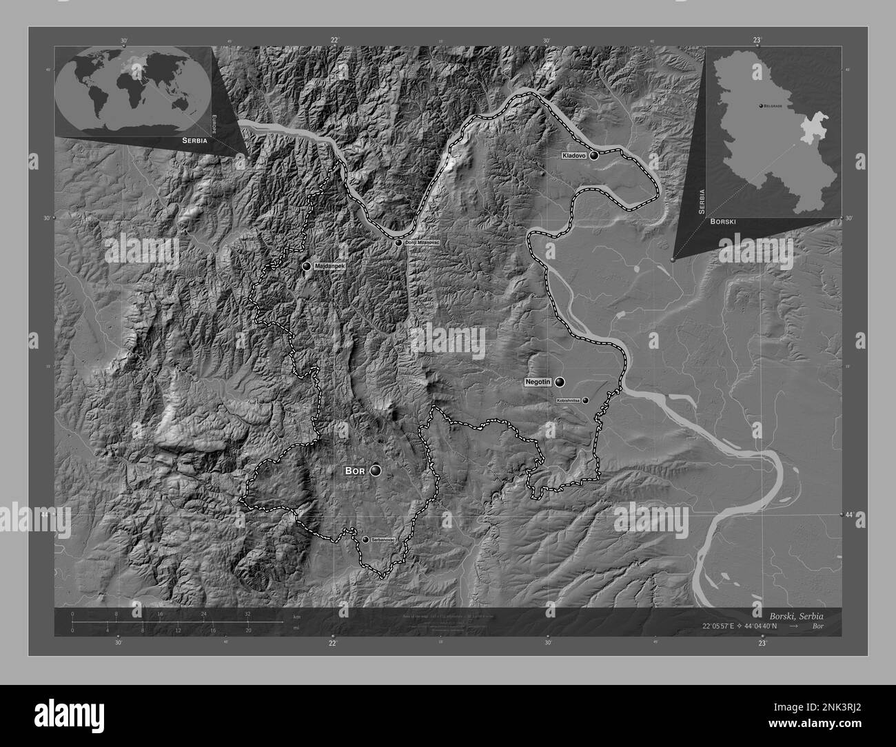 Borski, district of Serbia. Bilevel elevation map with lakes and rivers ...