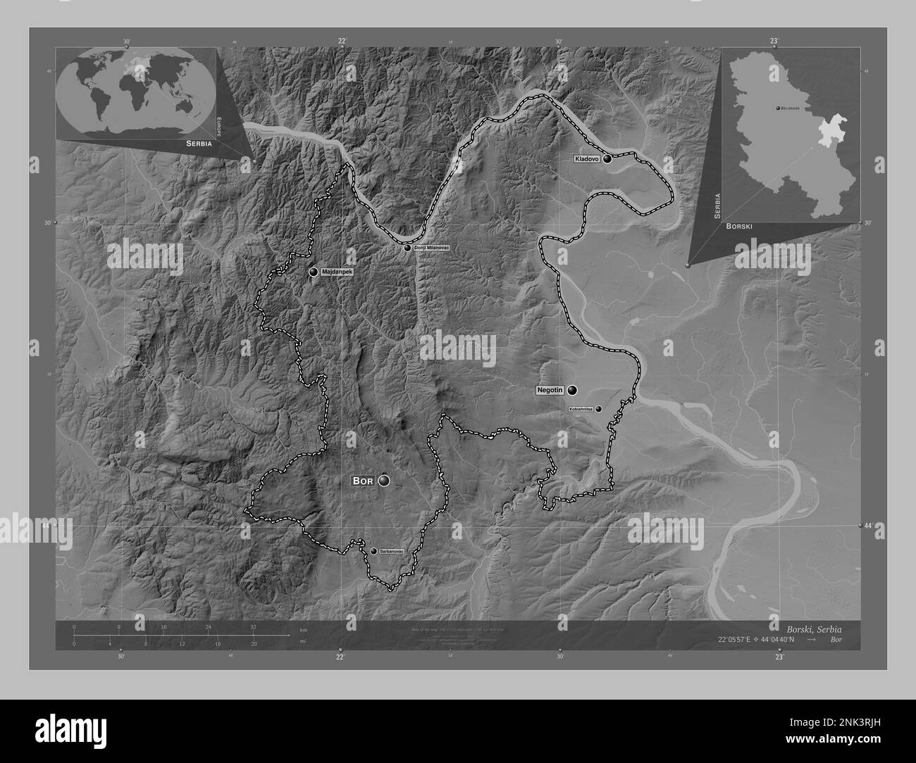 Borski, district of Serbia. Grayscale elevation map with lakes and ...