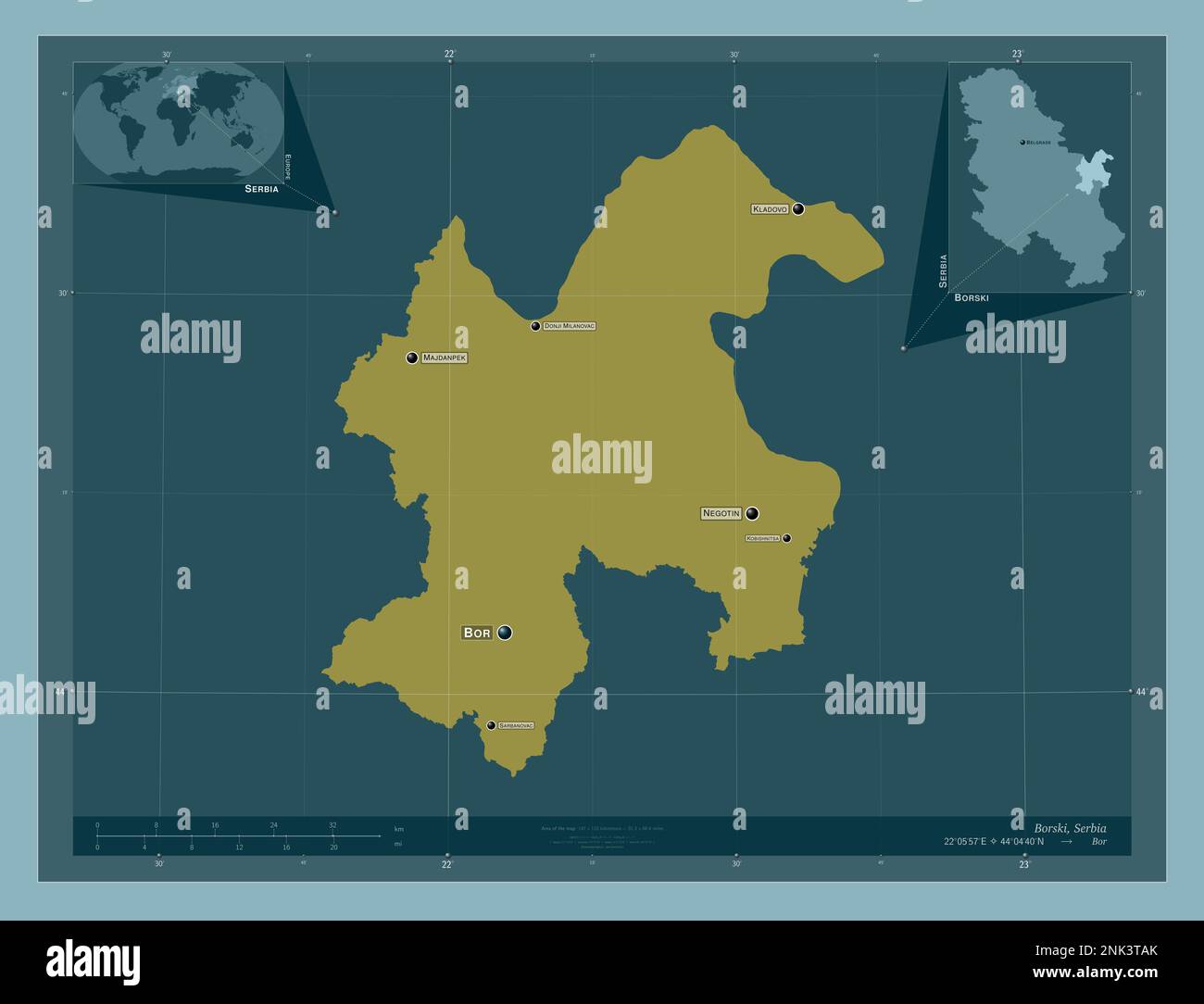 Borski, district of Serbia. Solid color shape. Locations and names of ...