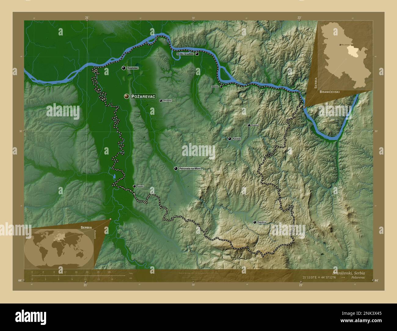 Branicevski, district of Serbia. Colored elevation map with lakes and ...