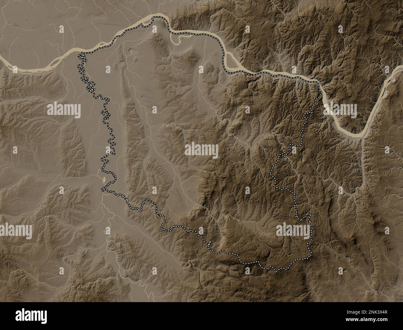 Branicevski, district of Serbia. Elevation map colored in sepia tones ...