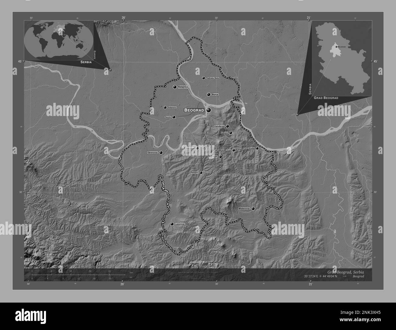 Grad Beograd, city of Serbia. Bilevel elevation map with lakes and ...