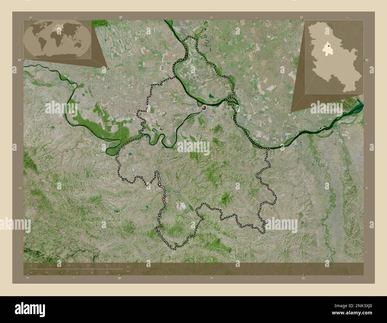 Grad Beograd, city of Serbia. High resolution satellite map. Corner ...