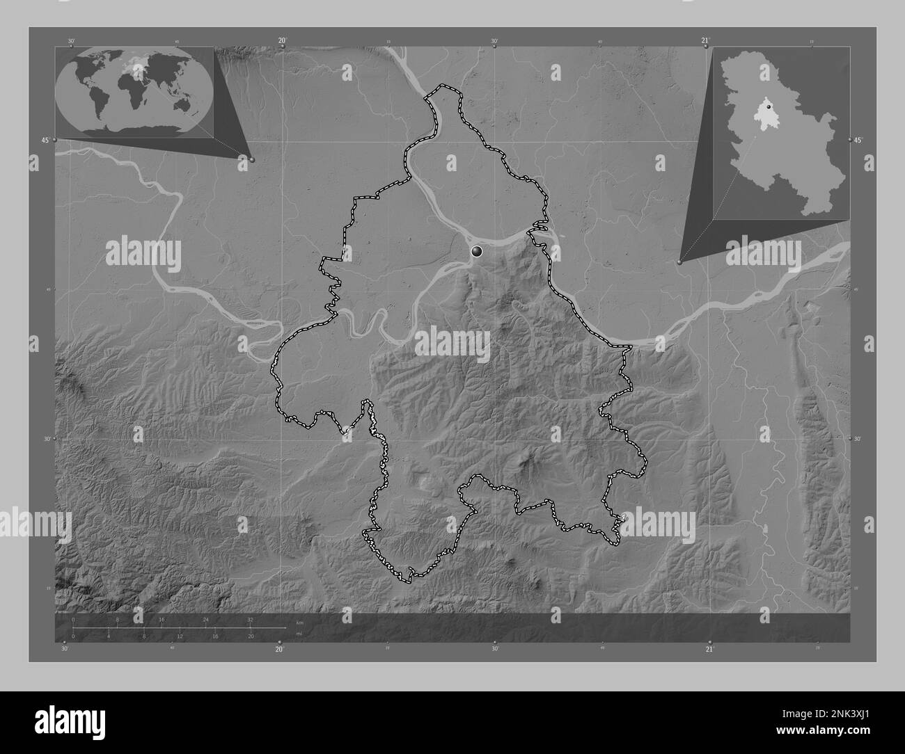 Grad Beograd, city of Serbia. Grayscale elevation map with lakes and ...