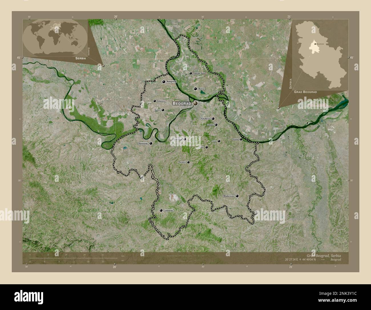Grad Beograd, city of Serbia. High resolution satellite map. Locations ...