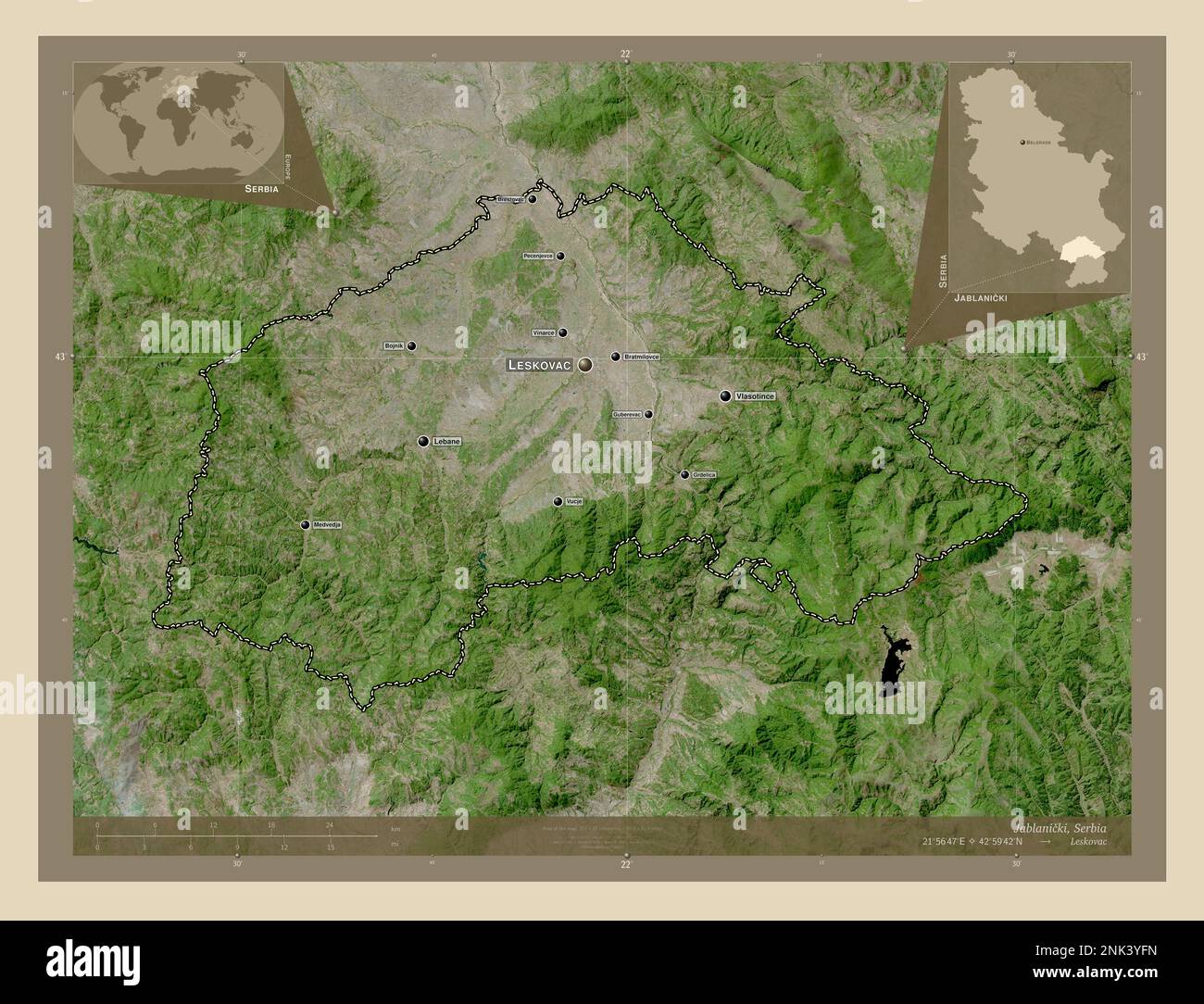 Jablanicki, district of Serbia. High resolution satellite map ...