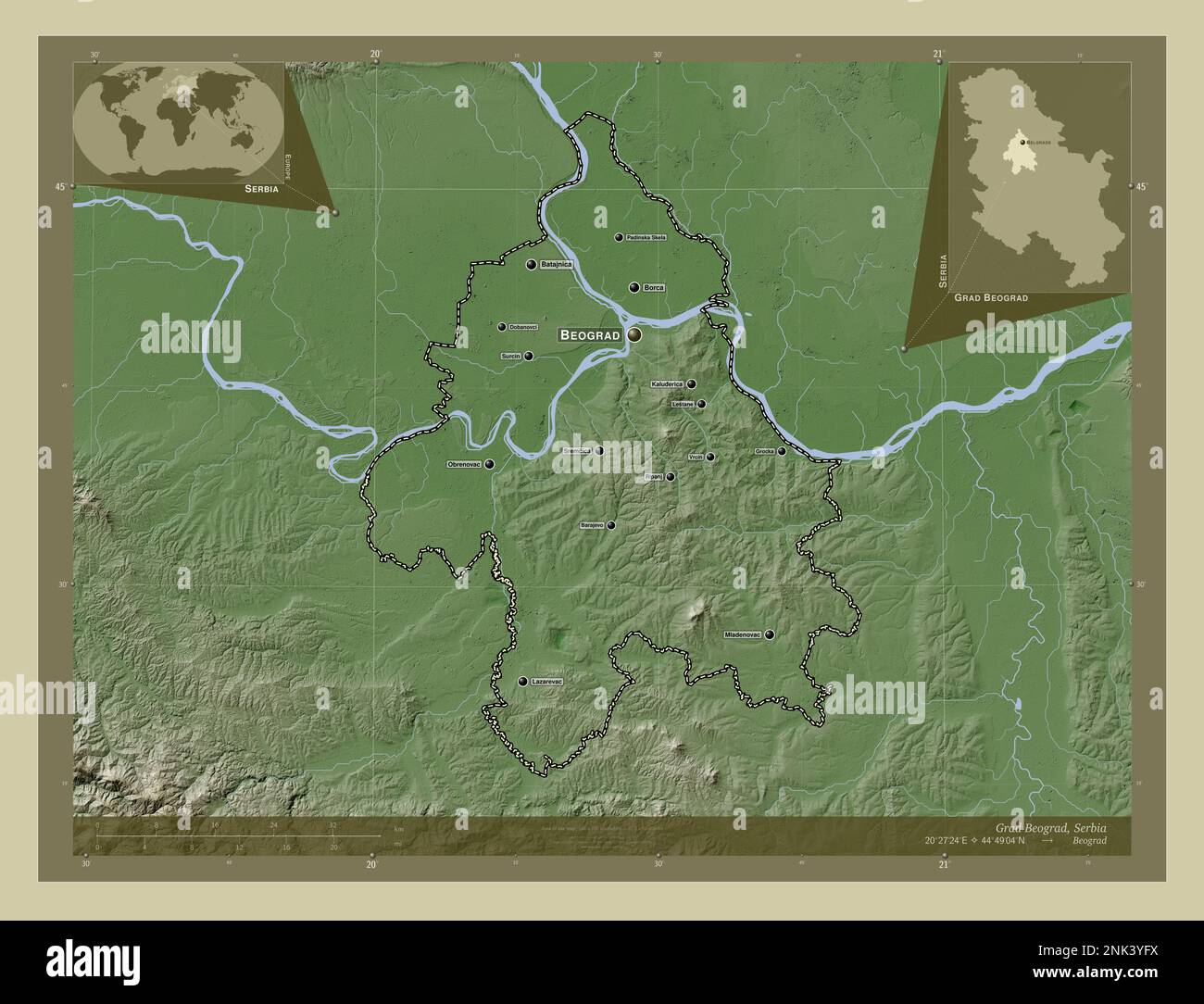 Grad Beograd, city of Serbia. Elevation map colored in wiki style with ...