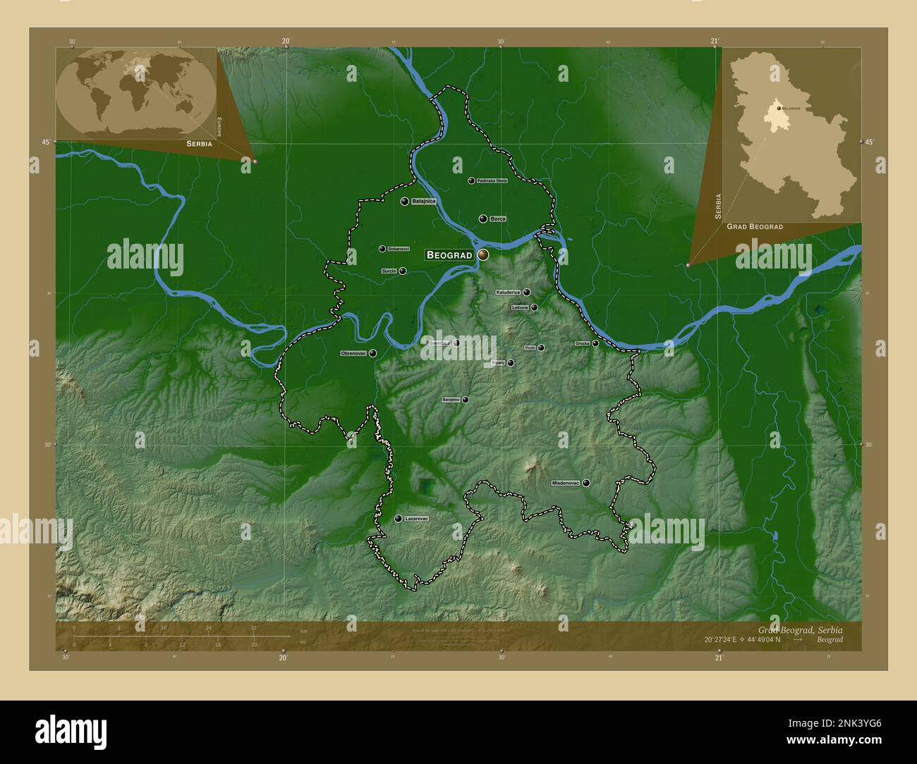 Grad Beograd, city of Serbia. Colored elevation map with lakes and ...