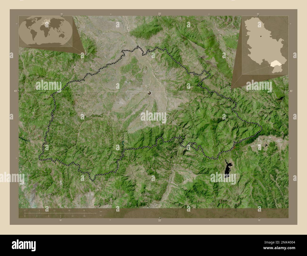 Jablanicki, district of Serbia. High resolution satellite map. Corner ...