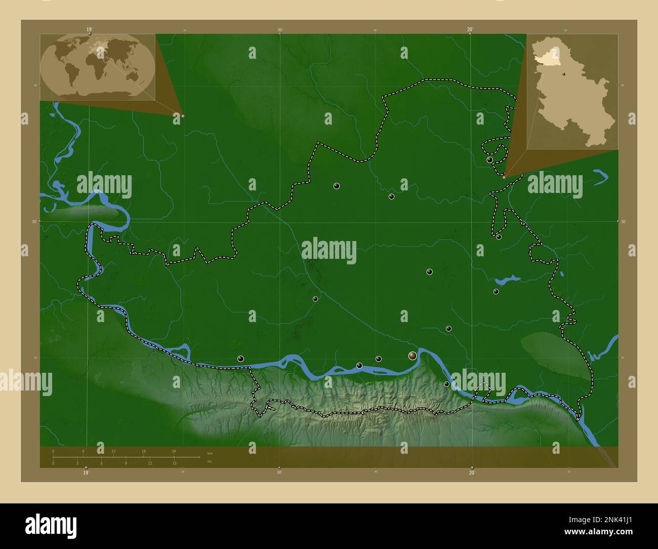 Juzno-Backi, district of Serbia. Colored elevation map with lakes and ...